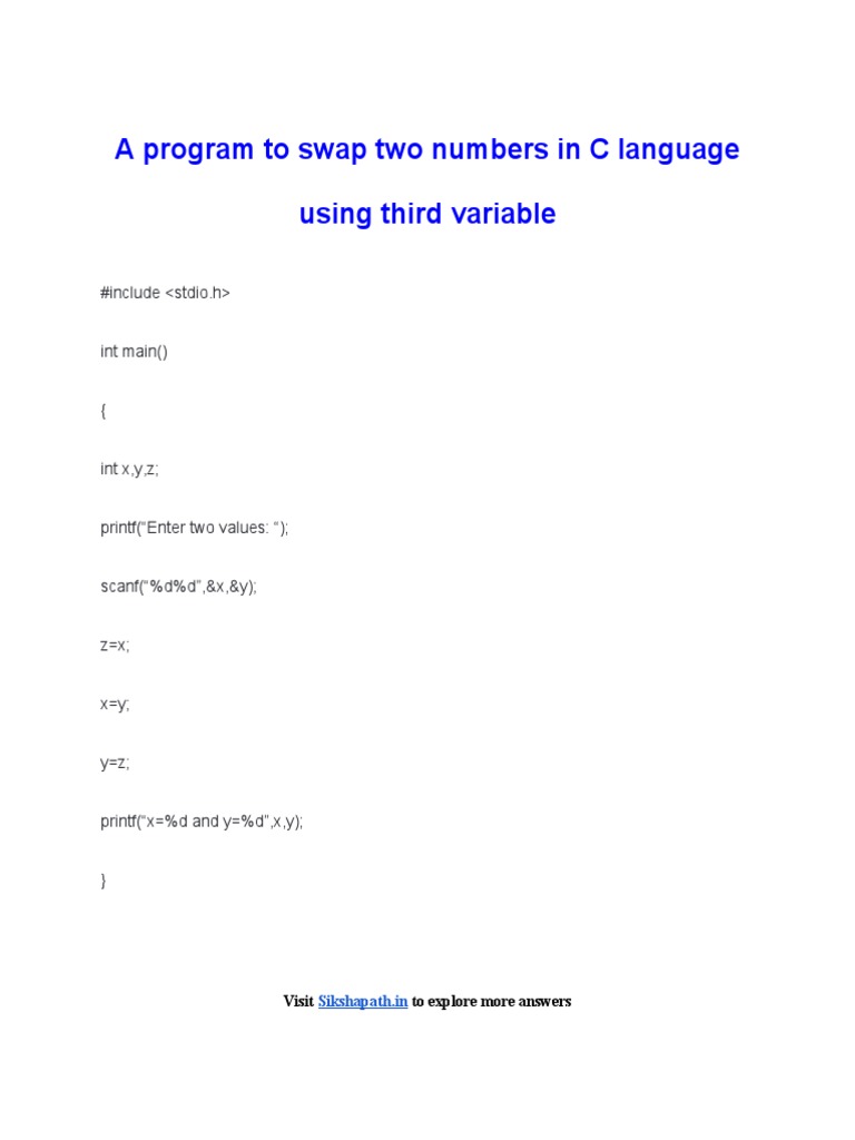 A Program To Swap Two Numbers in C Language | PDF