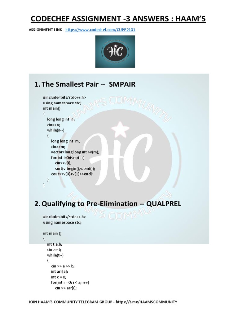 Codechef Assignment-3 Answers - Haam's Community | PDF | Computer Programming | Software Engineering