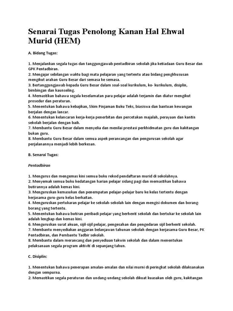 Senarai Tugas Penolong Kanan Hal Ehwal Murid | PDF