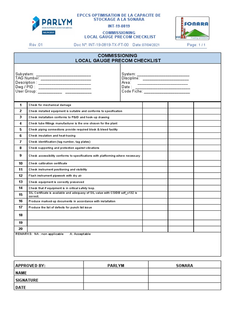 Commissioning Local Gauge Precom Checklist | PDF