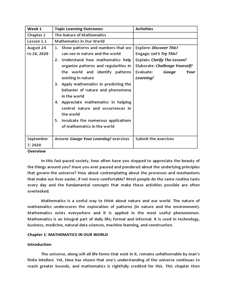 Week 1 Topic Learning Outcomes Activities | PDF | Ratio | Pattern