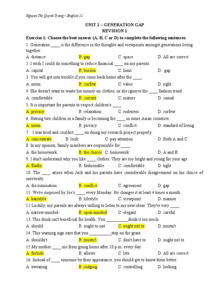 Unit 1 - Generation Gap Revision 1 Exercise 1: Choose The Best Answer ...