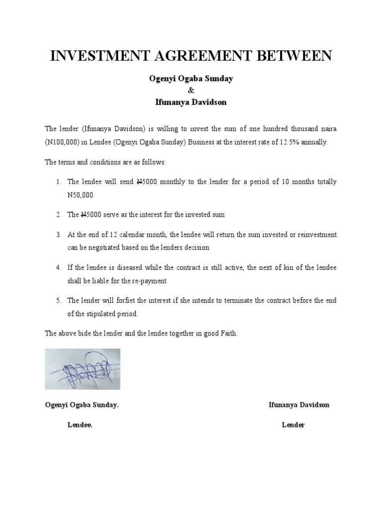 Investment Agreement Between: Ogenyi Ogaba Sunday Ifunanya Davidson | PDF