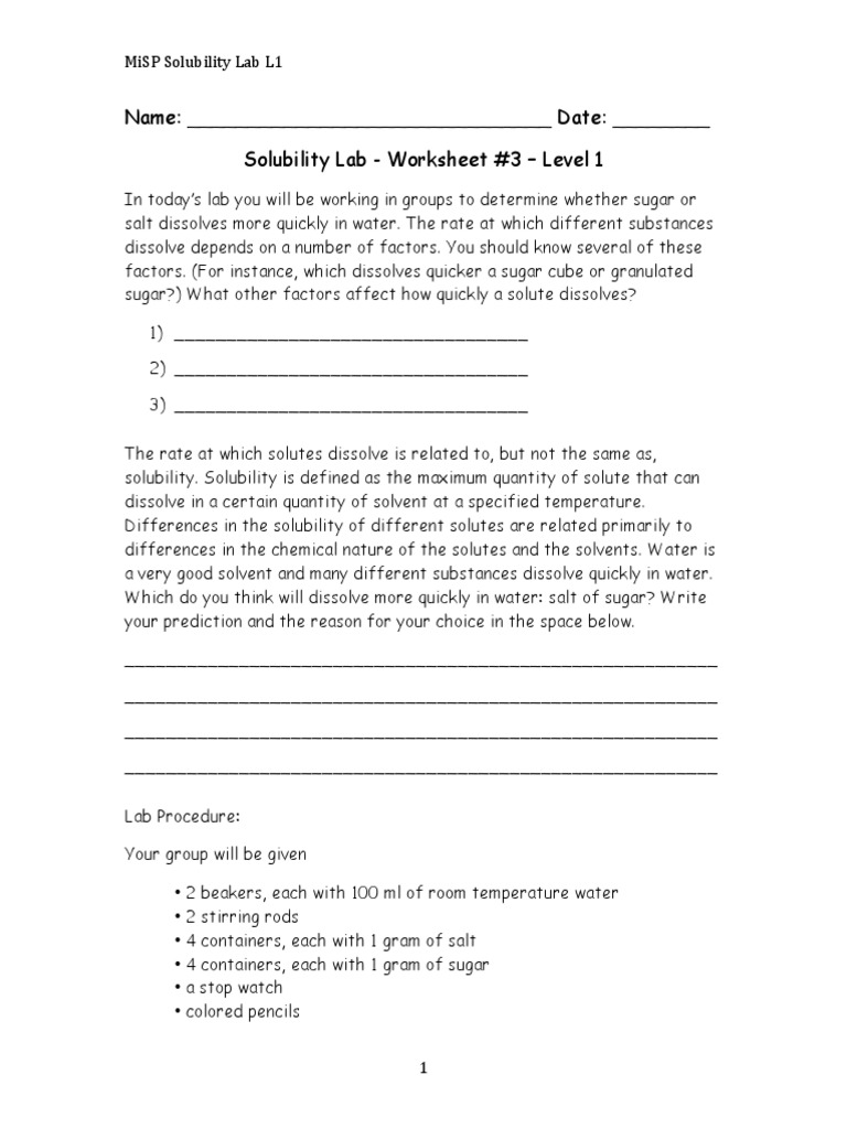 Name: - Date: - Solubility Lab - Worksheet #3 - Level 1 | PDF ...