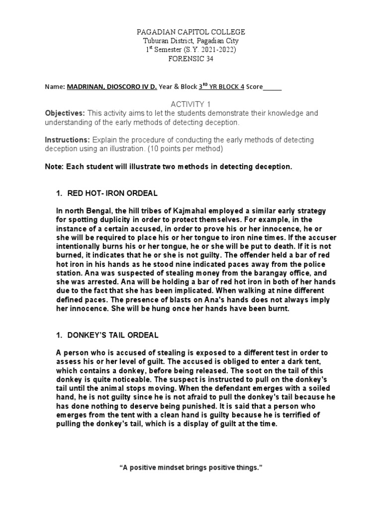 Activity 1 Understanding Of The Early Methods Of Detecting Deception
