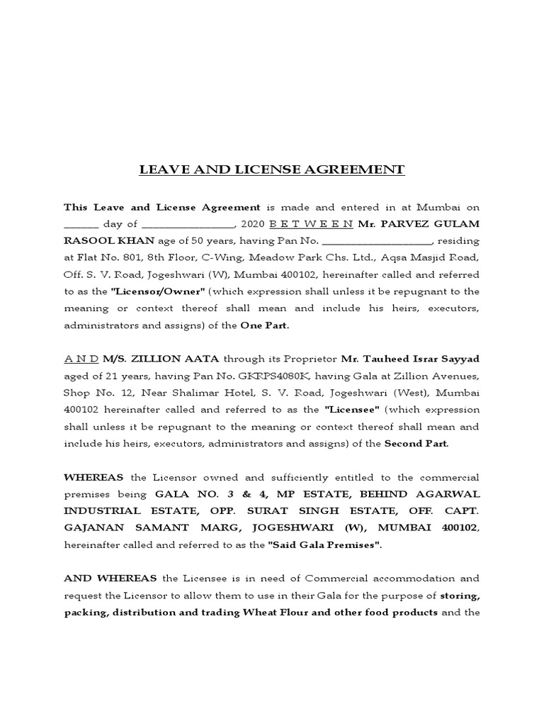 LEAVE AND LICENSE AGREEMENT Parvez Khan | PDF | License | Landlord
