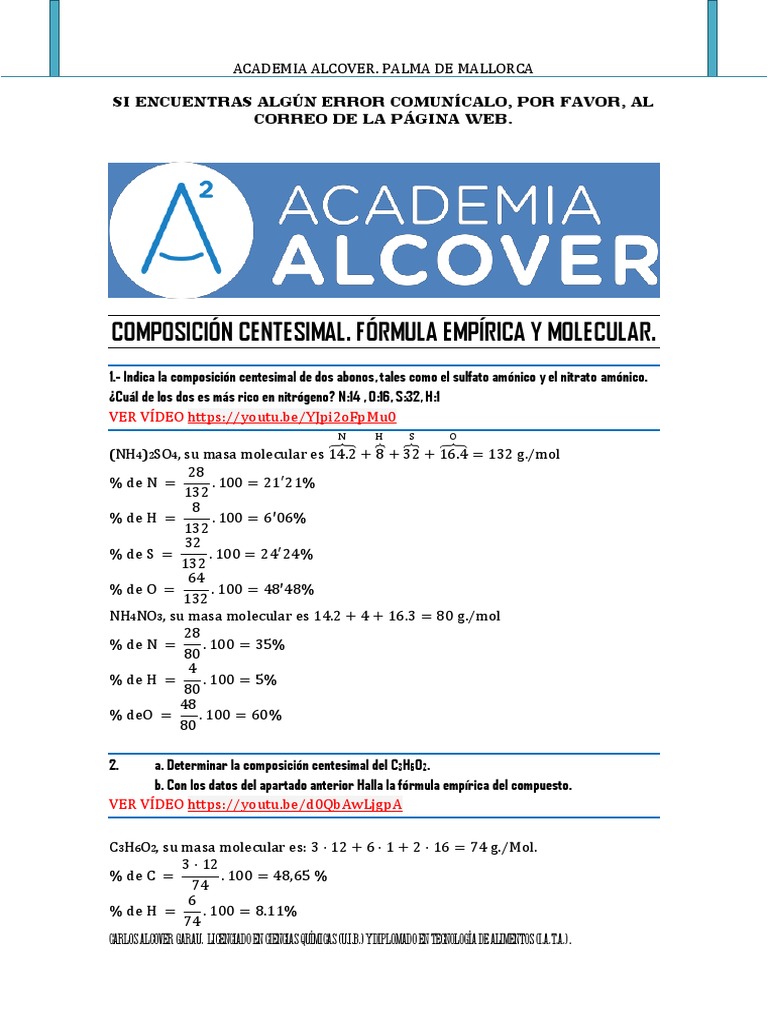 Composicion Centesimal - Formula Empirica y Molecular | PDF | Química ...