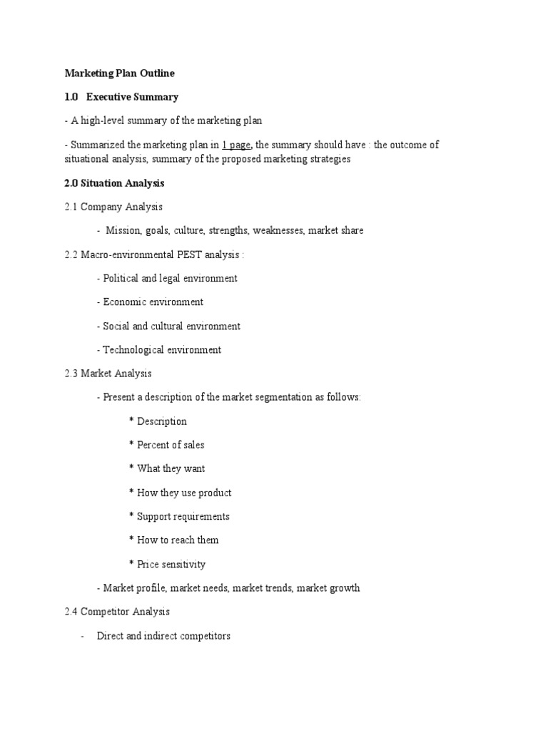 Marketing Plan Outline 1.0 Executive Summary | PDF | Marketing | Swot ...