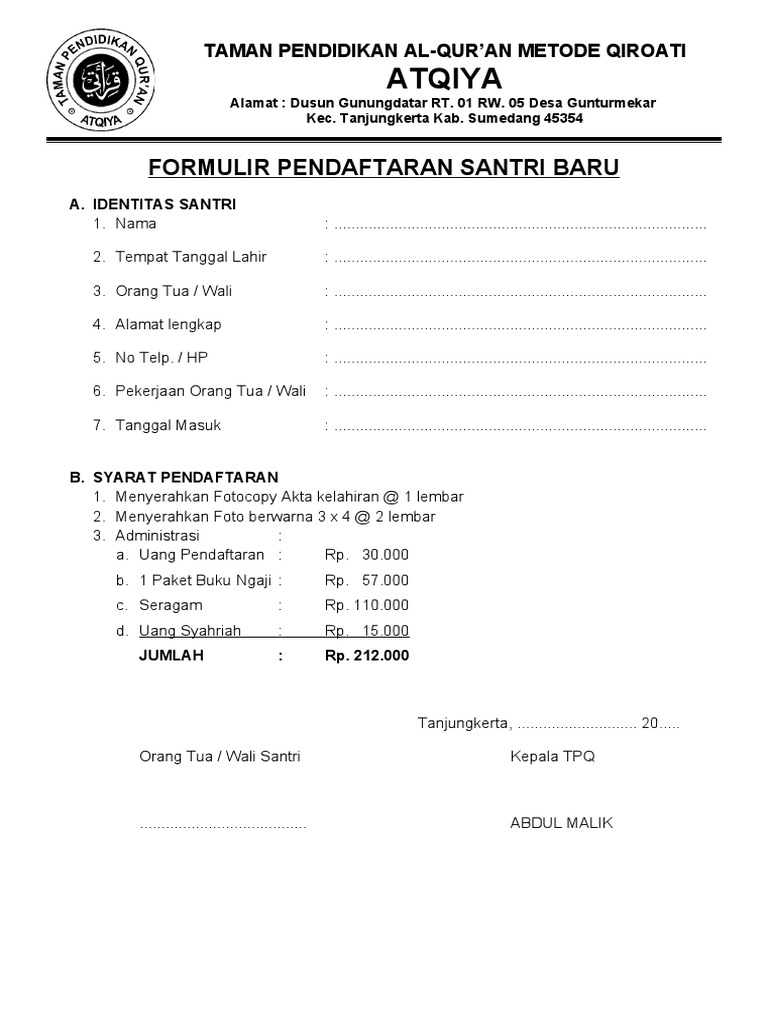 Pendaftaran Santri Baru di Taman Pendidikan Al-Qur'an Metode Qiroati ...