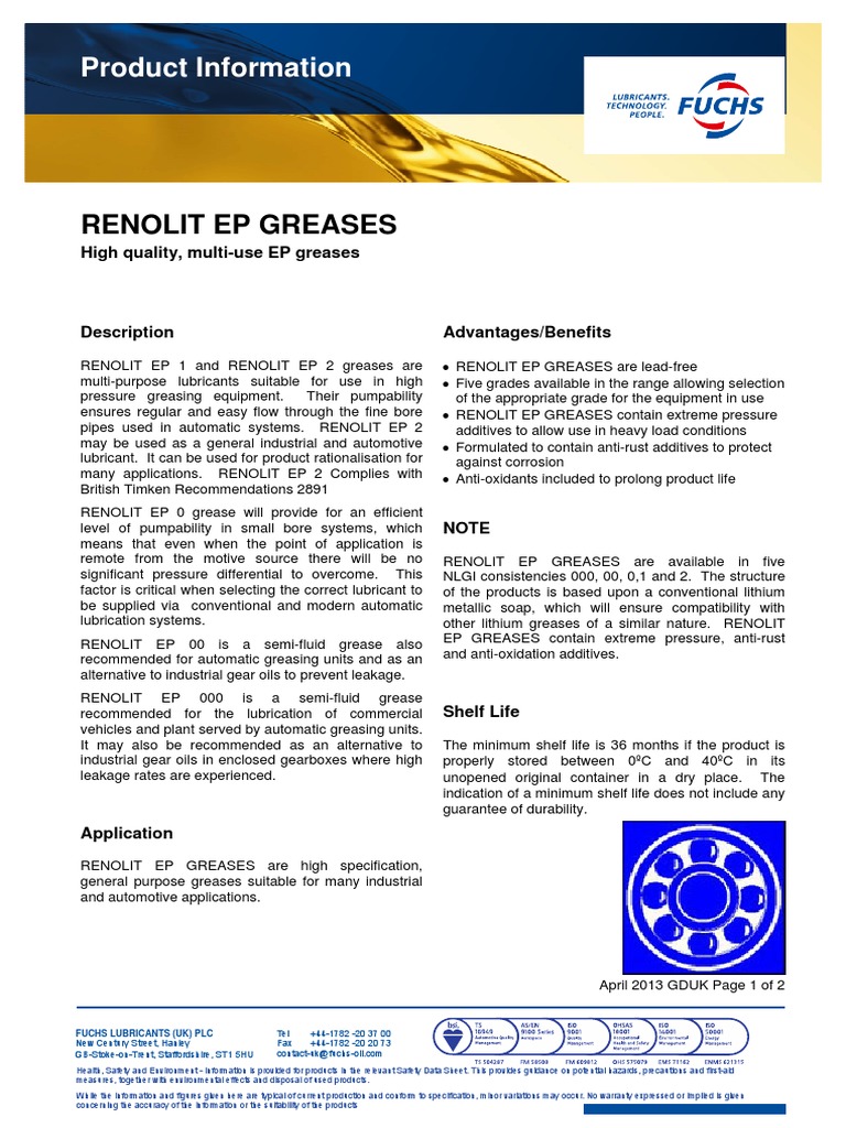 Fuchs Renolit EP Greases - ENG | PDF | Lubricant | Mechanical Engineering