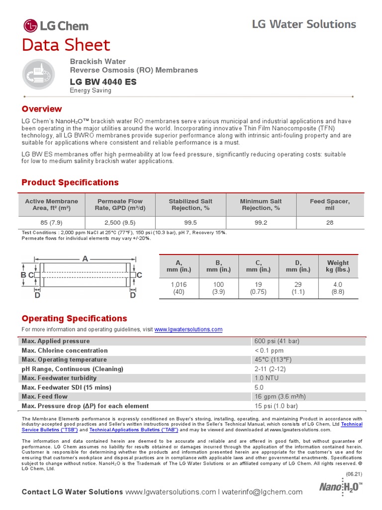 Data Sheet: LG BW 4040 Es | PDF | Membrane | Hydrology