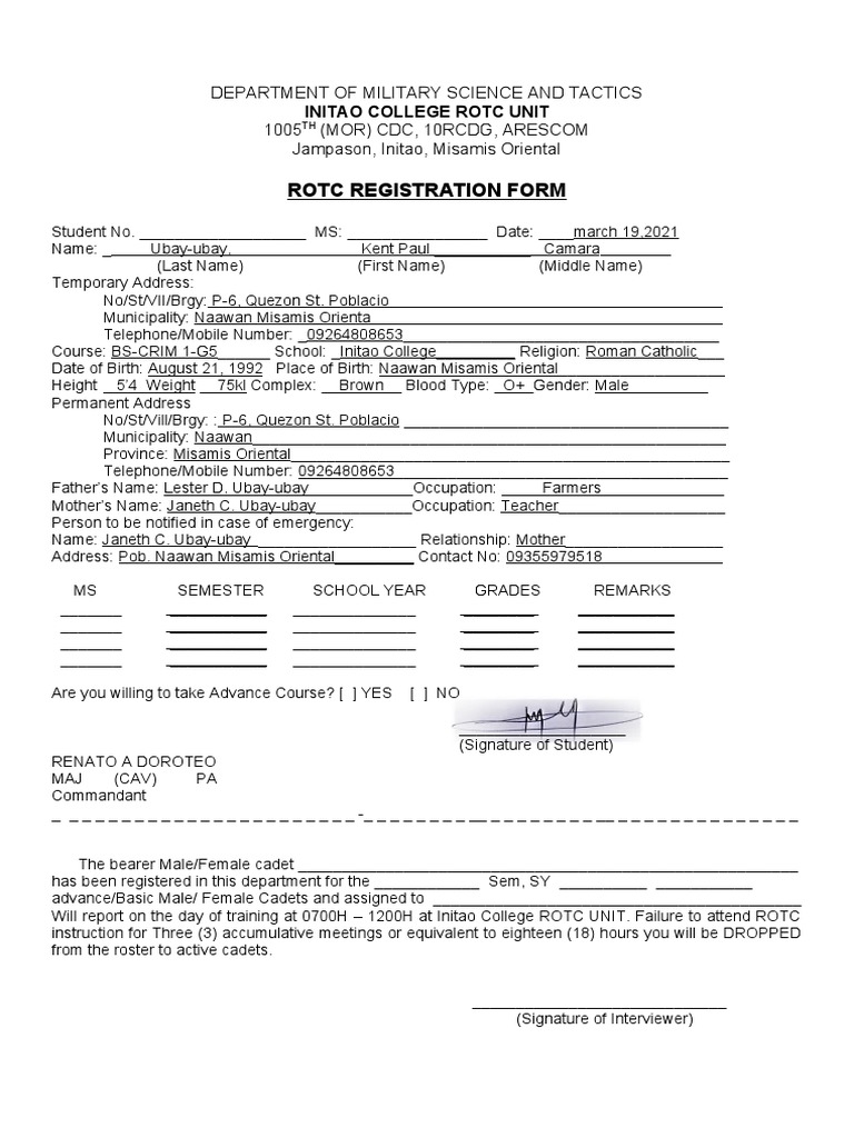 ROTC Form | PDF | Military Science | United States Department Of Defense