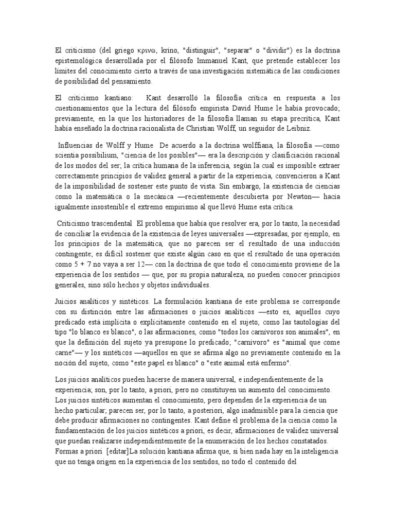 El Criticismo | PDF | Metafilosofía | Immanuel Kant