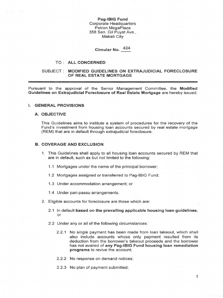 Circular No. 424 - Modified Guidelines On Extrajudicial Foreclosure of ...
