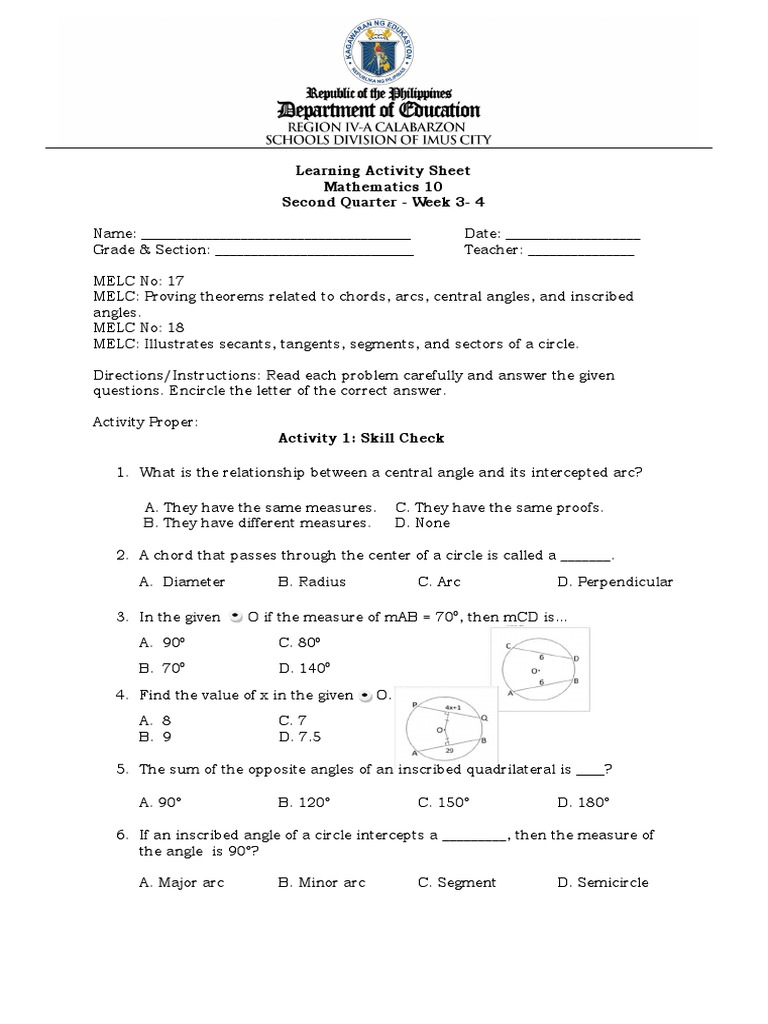 Math G10 Q2 W3-4 LAS | PDF | Circle | Angle