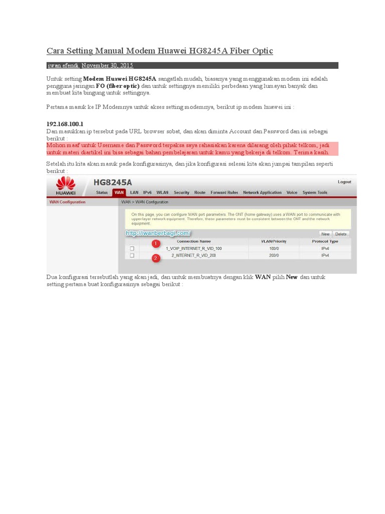 Cara Setting Manual Modem Huawei HG8245A Fiber Optic | PDF