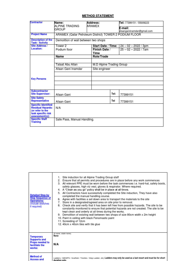 Method Statement and Risk Assessment | Download Free PDF | Personal ...