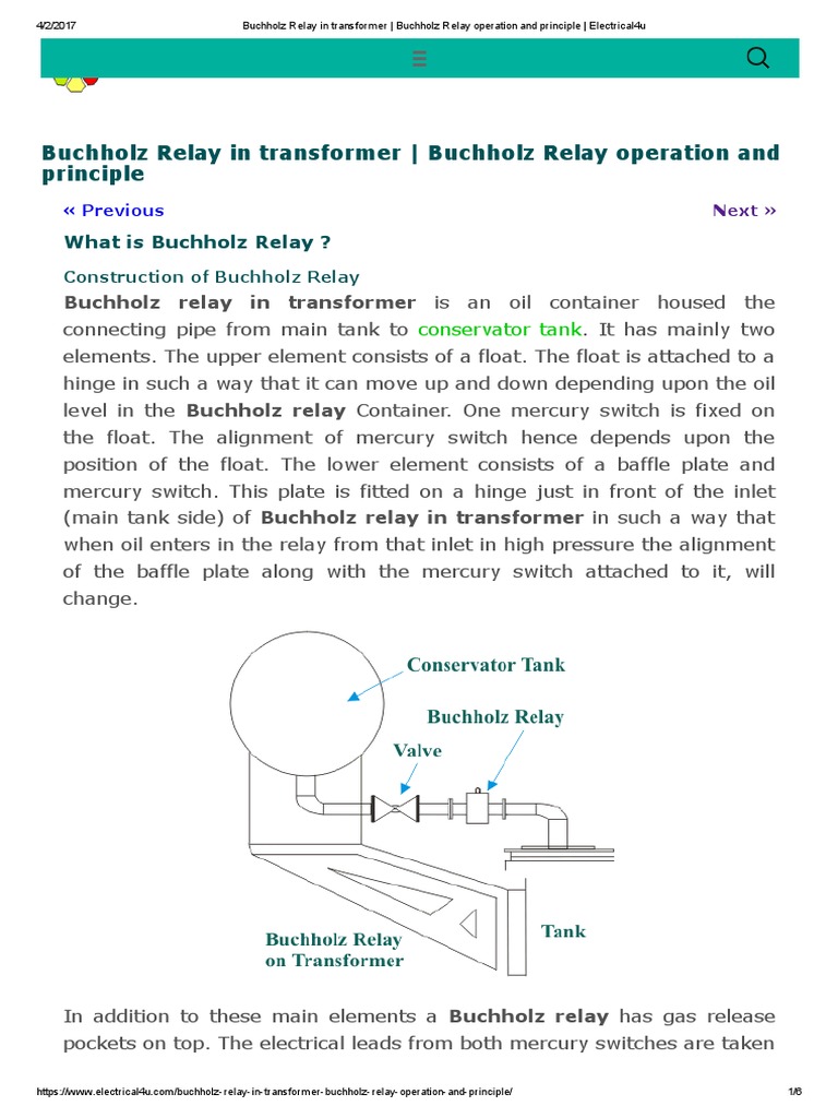 Buchholz Relay Operation and Principle | PDF | Transformer | Relay
