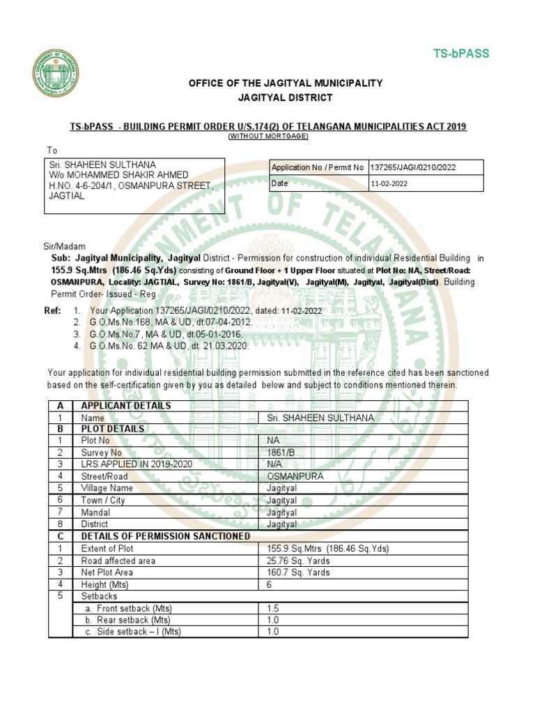 Office of The Jagityal Municipality Jagityal District: Ts-Bpass | PDF