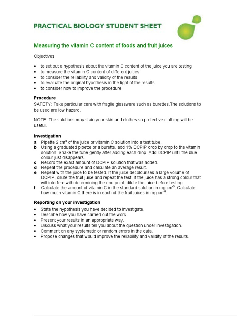 Measuring The Vitamin C Content of Foods and Fruit Juices Ss 36 | PDF