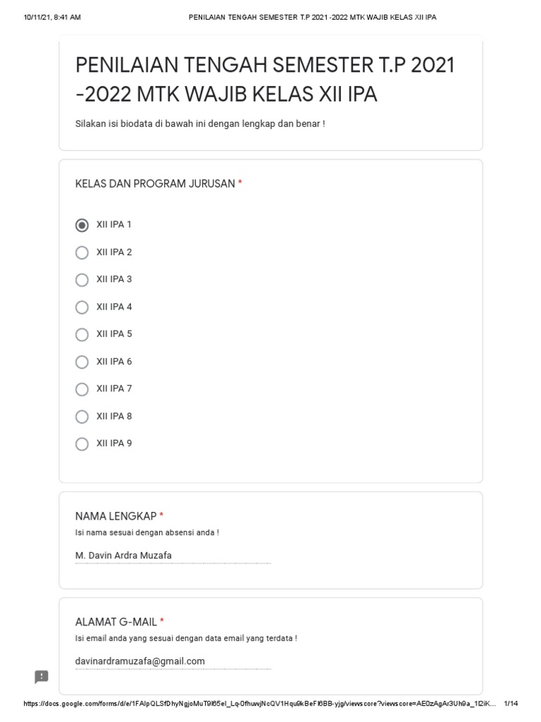 Penilaian Tengah Semester T.P 2021 - 2022 MTK Wajib Kelas Xii Ipa | PDF