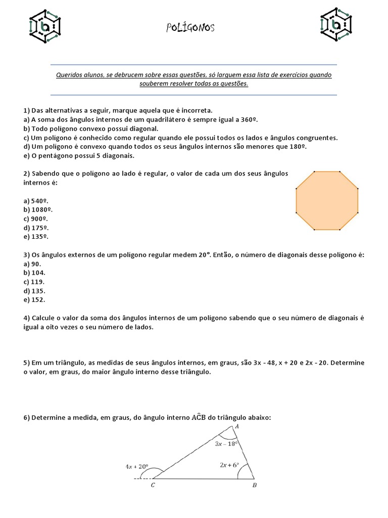 Exercícios Polígonos - 8 Ano | Download grátis PDF | Triângulo | Polígono