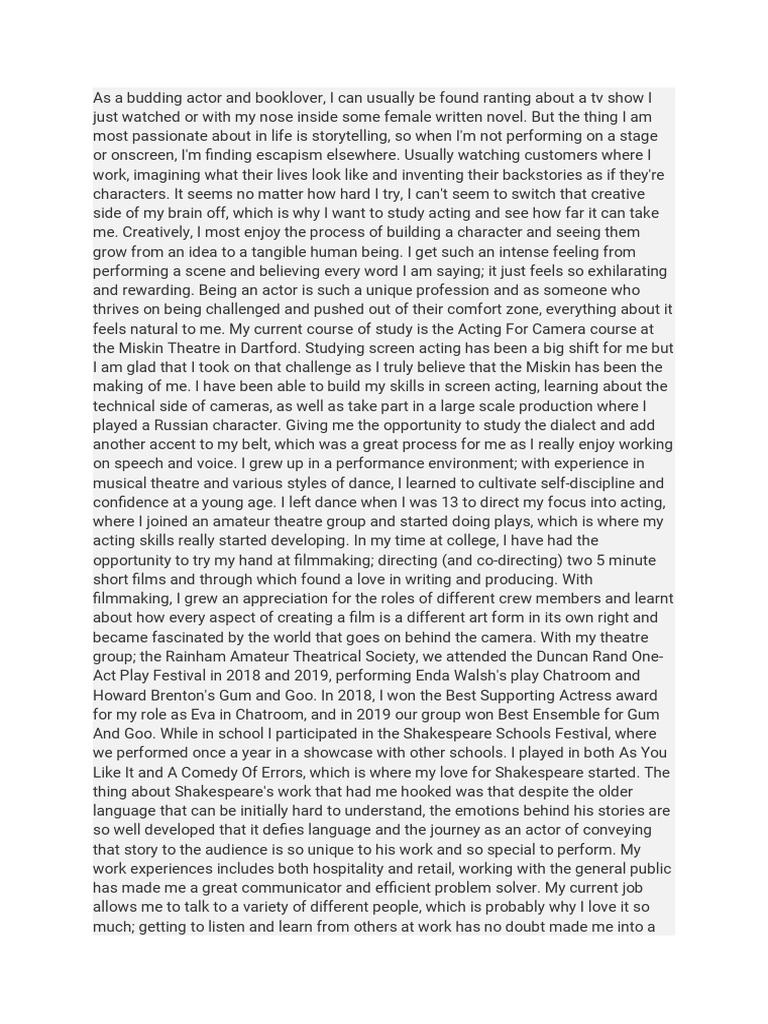 Personal Statement Final Draft | PDF | Actor | Theatre