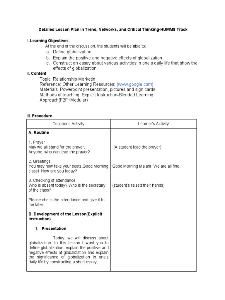 Detailed Lesson Plan in Trend, Networks, and Critical Thinking-HUMMS ...