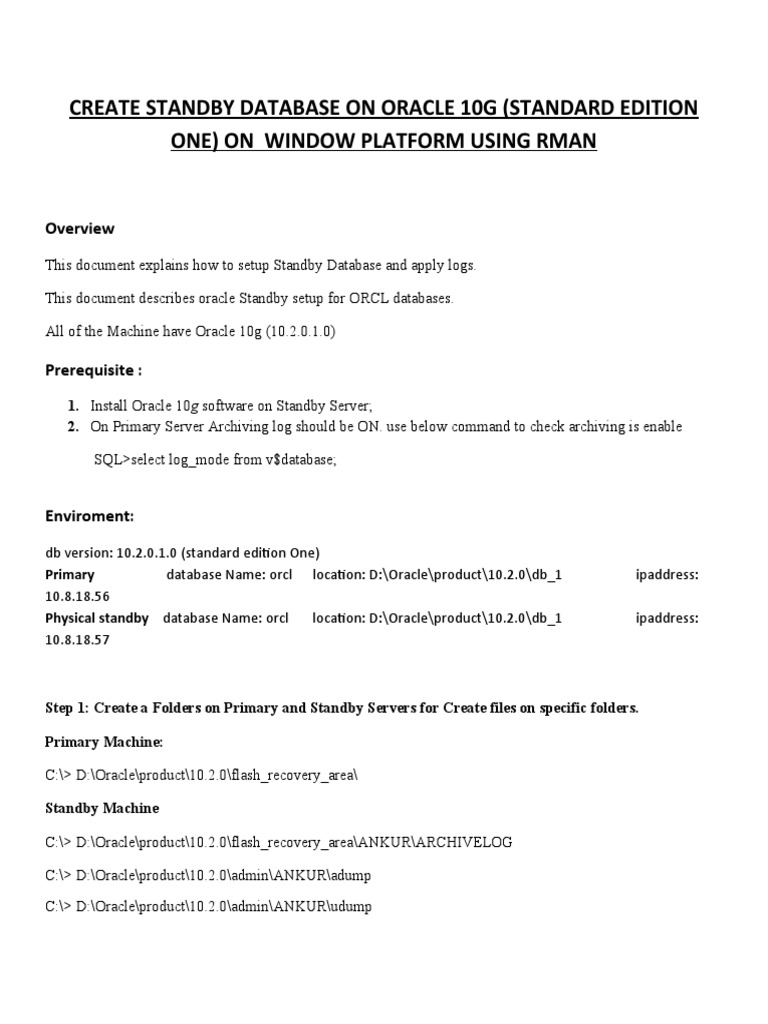 Oracle 10g Standby Database Setup Guide | PDF | Databases | System Software