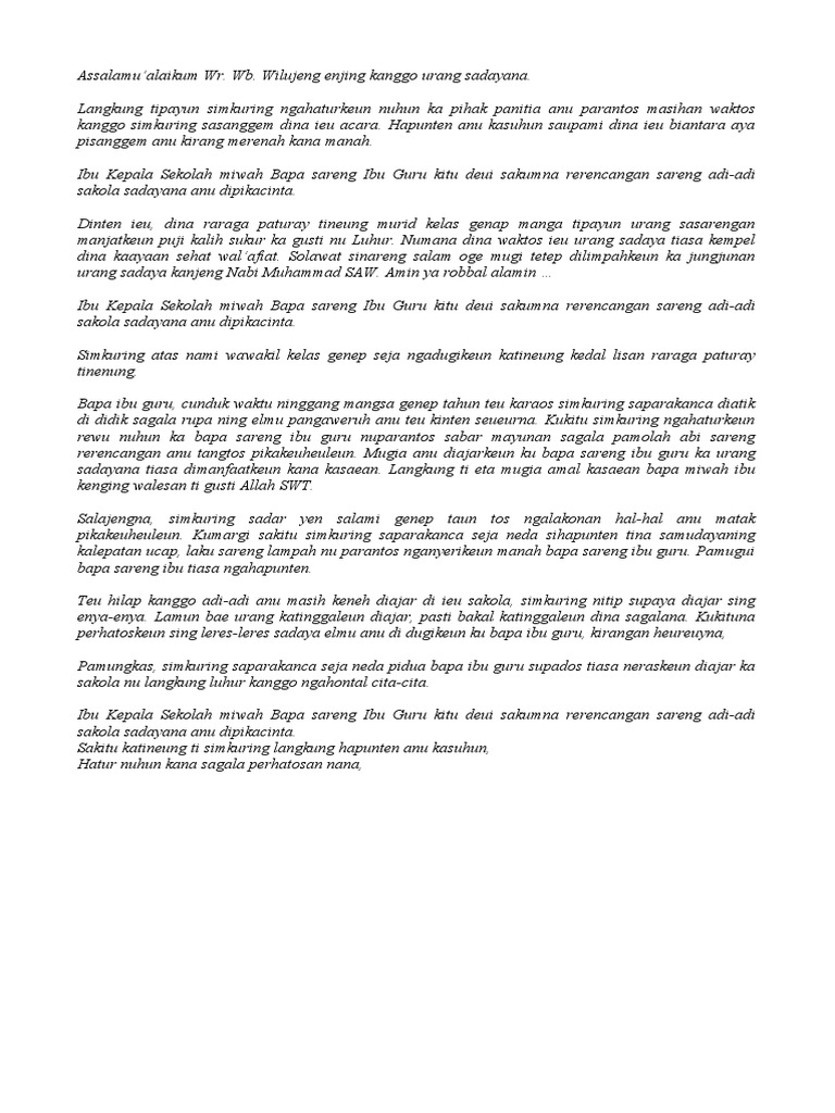 Contoh Pidato Siswa Perpisahan Sekolah Dalam Basa Sunda (Biantara Paturay Tineung) | PDF