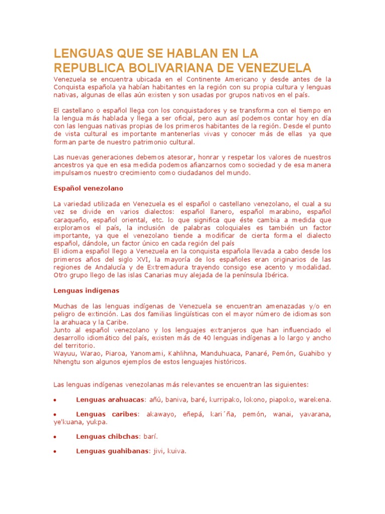 Lenguas Habladas en Venezuela | PDF | Lengua española | Venezuela