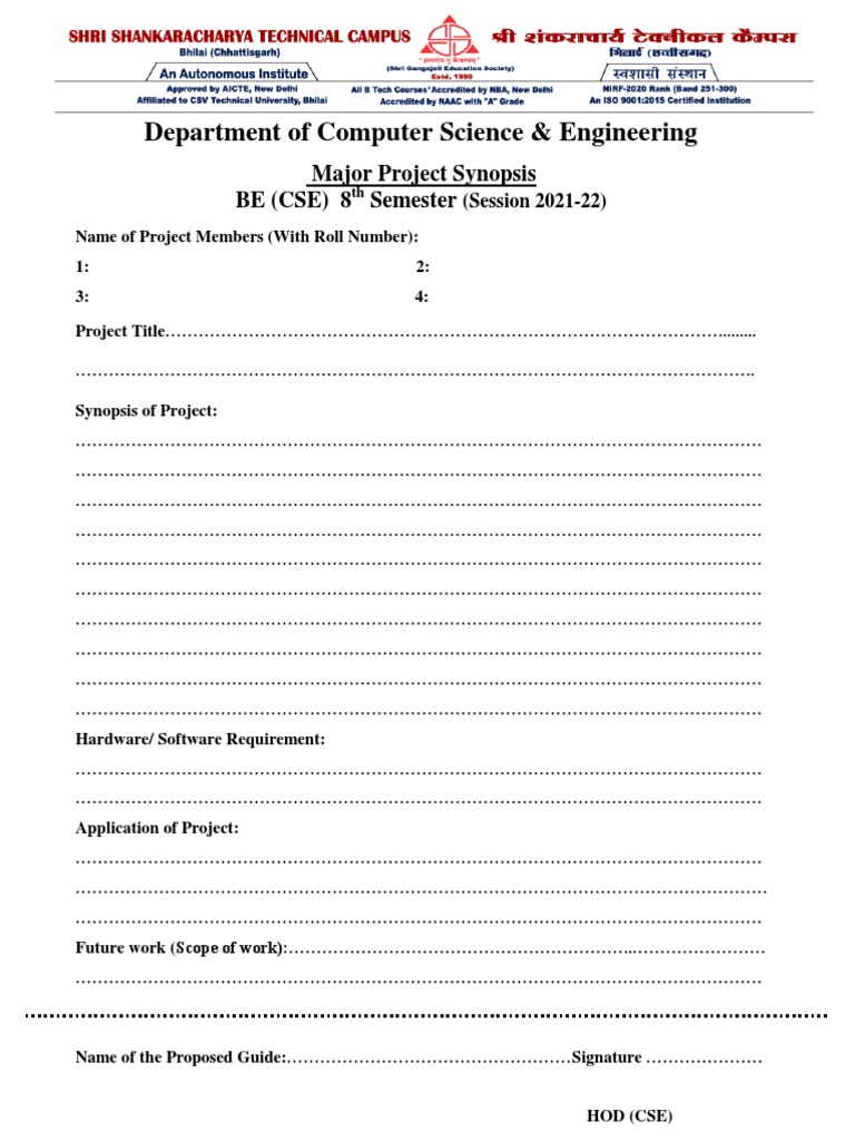 Department of Computer Science & Engineering: Major Project Synopsis Be (Cse) 8 Semester | PDF