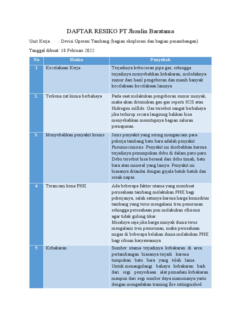 DAFTAR RESIKO PT Jhonlin Baratama | PDF