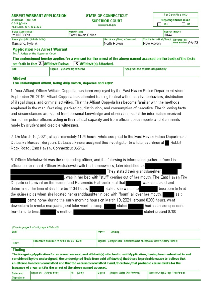 Kyle Sarcione Superior Court Arrest Warrant (Redacted) | PDF | Affidavit | Arrest Warrant