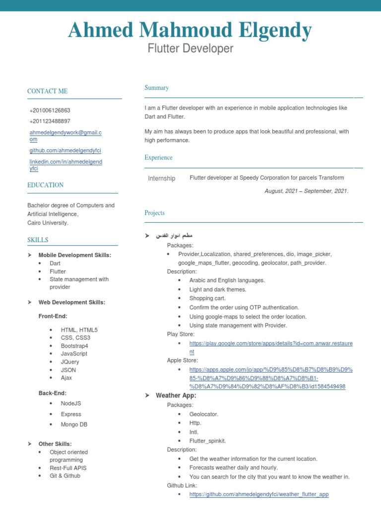 Ahmed Elgendy Flutter Developer CV | PDF | Mobile App | Computer Science