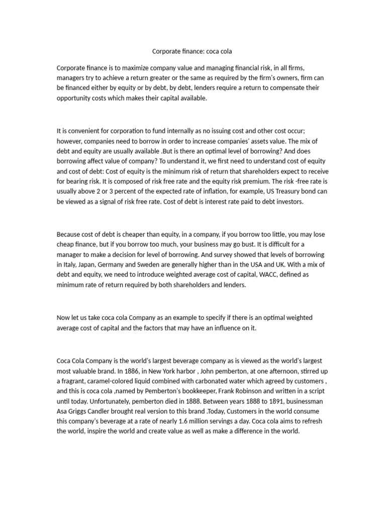 Corporate Finance Coca Cola | PDF | Cost Of Capital | Capital Structure