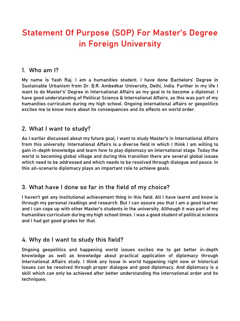 SOP For Admission in Foreign University | PDF | University | Learning