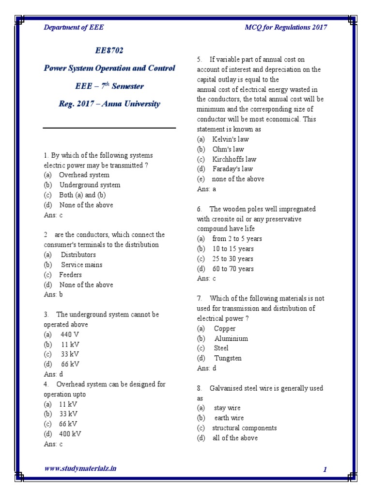 Power Systems MCQ for EEE Students | PDF | Electric Power Transmission ...
