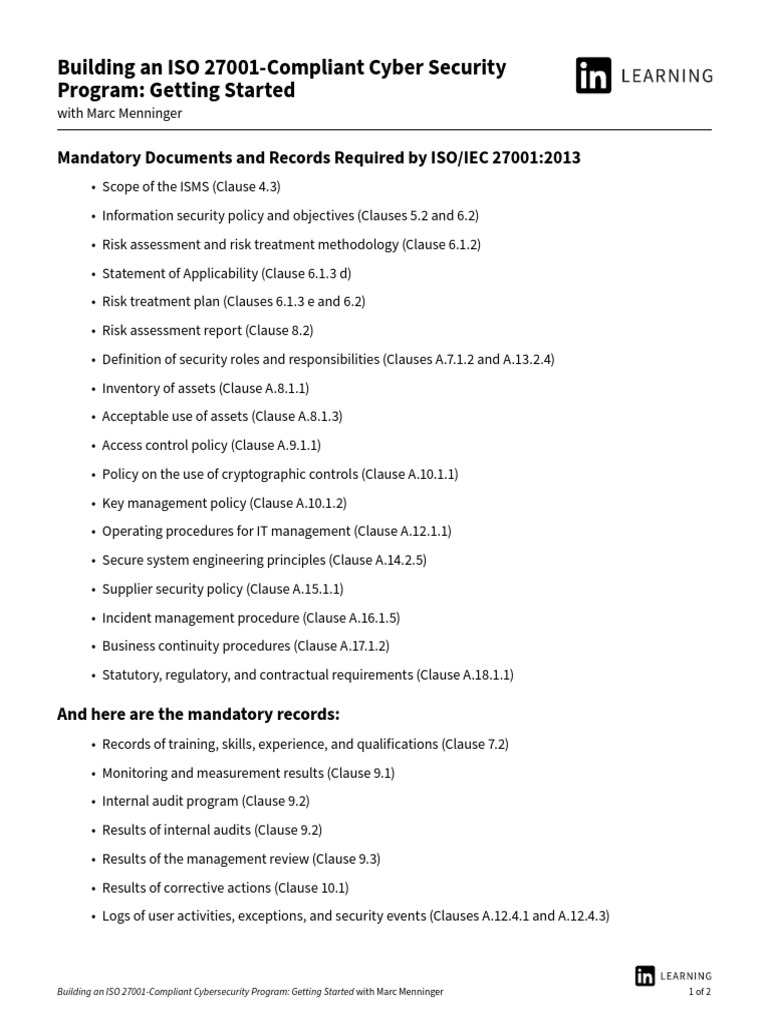 Mandatory and Non-Mandatory Documents and Records For ISO 27001 | PDF ...