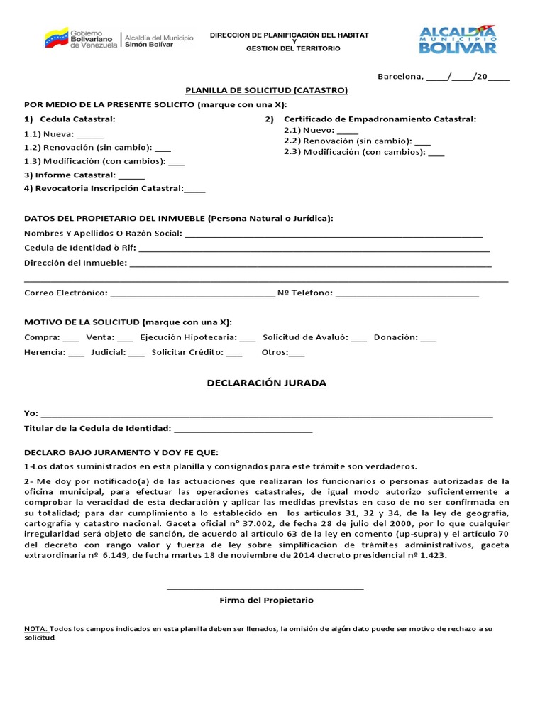 Planilla Solicitud Catastro. | PDF