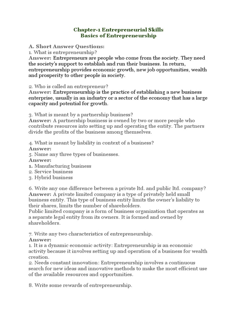 A. Short Answer Questions: Answer:: Chapter-1 Entrepreneurial Skills ...