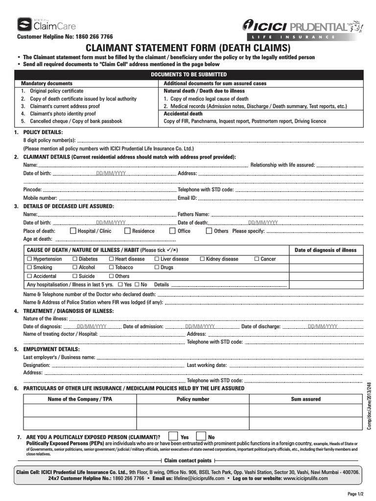 Claimant Statement Form (Death Claims) : Customer Helpline No: 1860 266 ...
