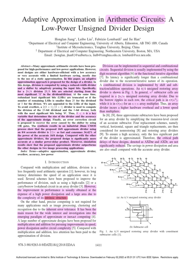 Adaptive Approximation in Arithmetic Circuits A Low-Power Unsigned Divider Design | PDF ...