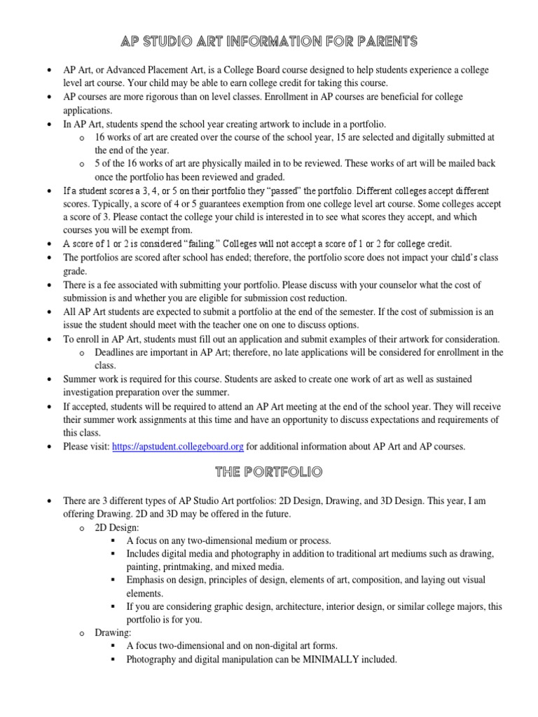 Ap Art Parent Info Sheet | PDF | Advanced Placement | Drawing