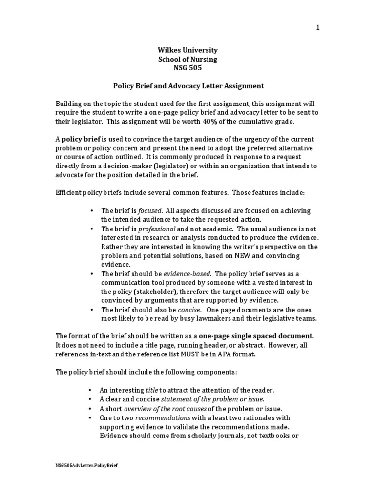 Wilkes University School of Nursing NSG 505 Policy Brief and Advocacy ...
