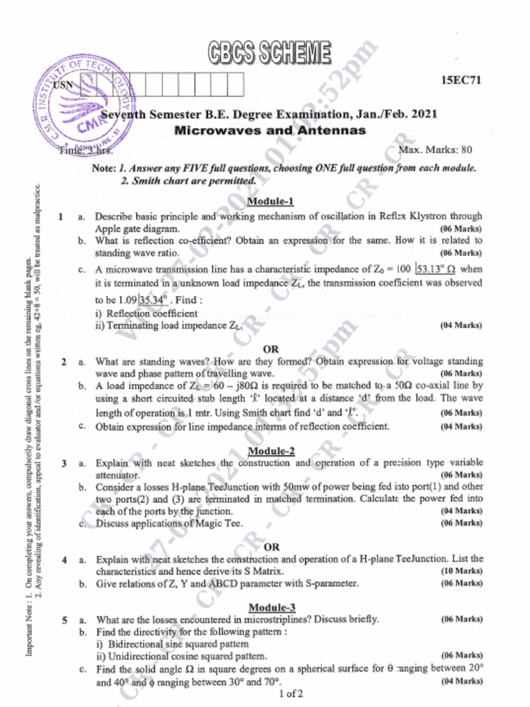 VTU Question Paper of 15EC71 Microwave and Antennas Jan-2021 | PDF