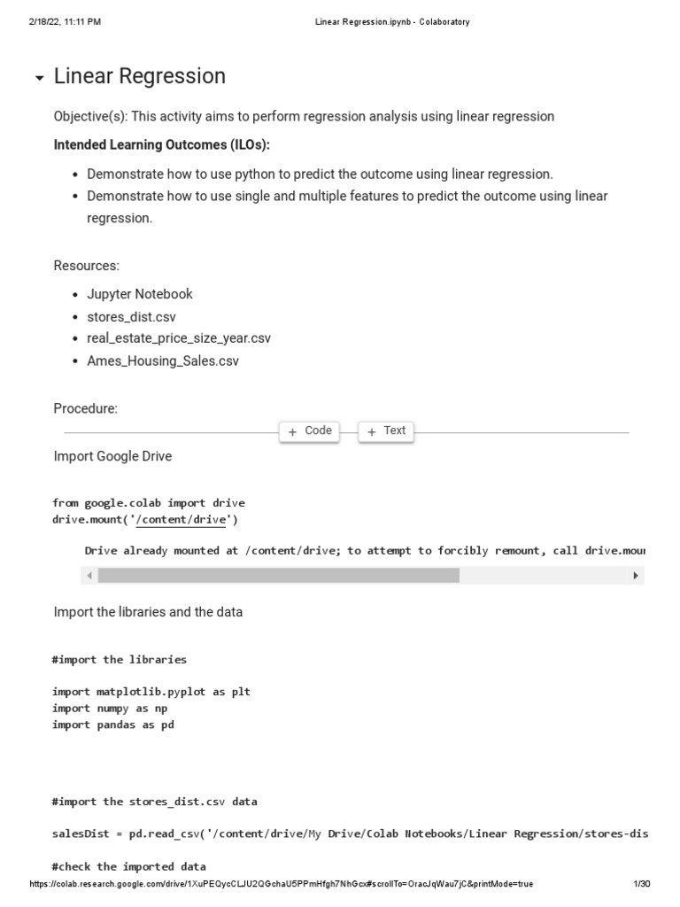 MUNAR - Linear Regression - Ipynb - Colaboratory | PDF | Coefficient Of Determination | Ordinary ...