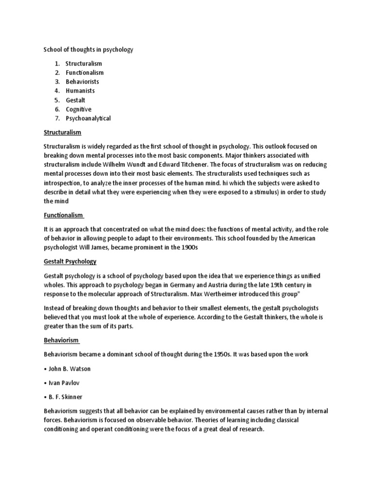 Major Schools of Thought in Psychology | PDF | Psychology | Humanistic ...