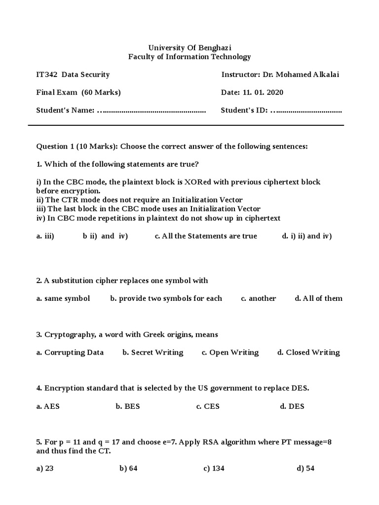 IT342 Data Security Final Exam | PDF | Cryptography | Encryption