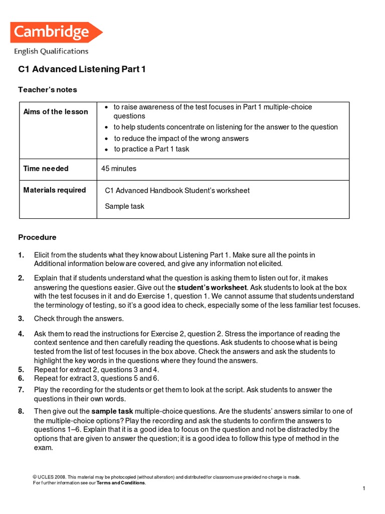 Cambridge English C1 Advanced Listening Part 1 | PDF | Multiple Choice ...